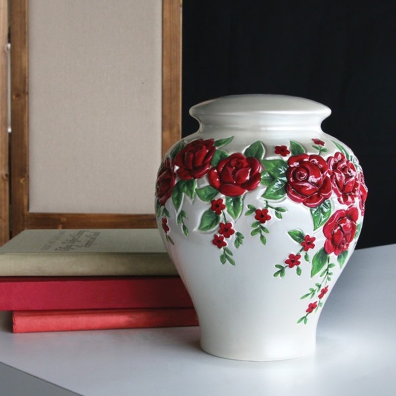 Red Roses Ceramic Cremation Urn (Adult/Large) - House Of Urns